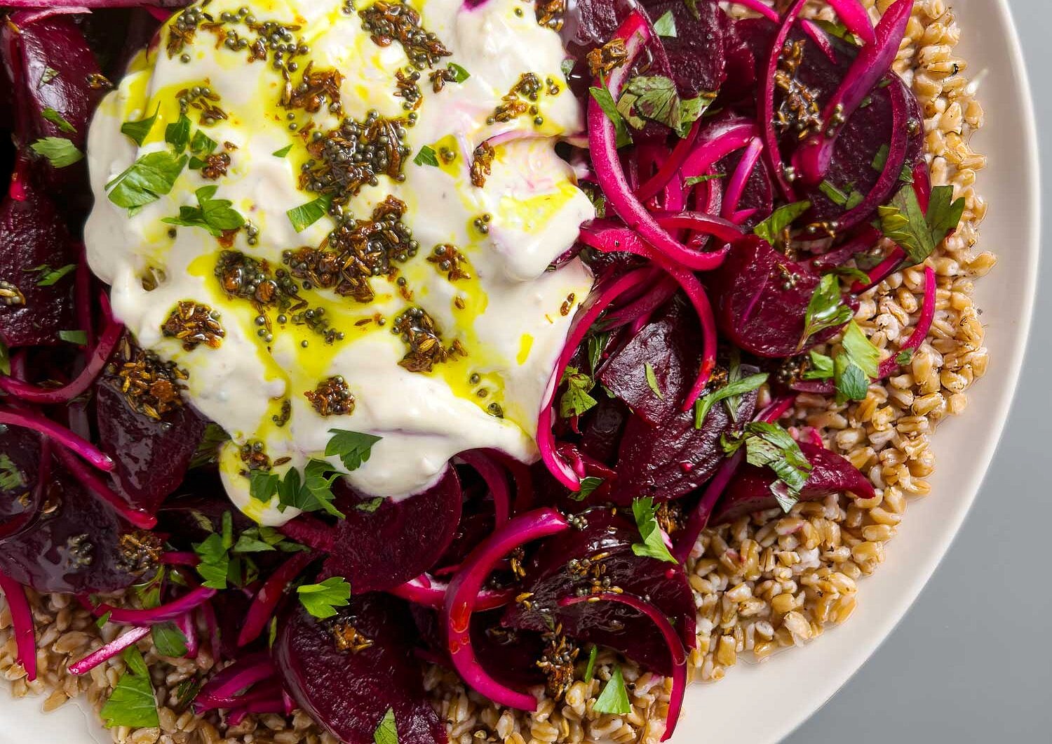 Beet Farro Salad with Yogurt Sauce and Cumin Oil - The Salted Potato ...