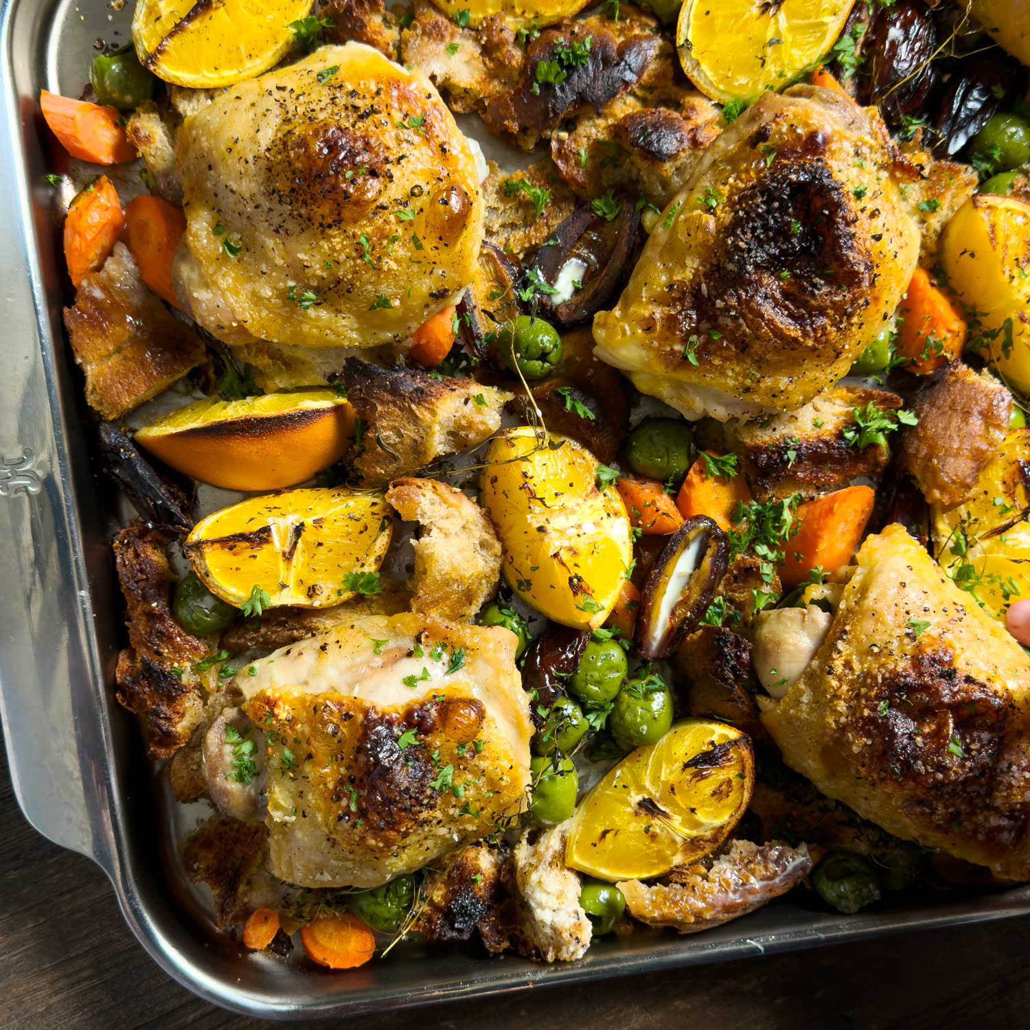 Chicken, Olive, Orange, and Rye Bread Tray Bake - The Salted Potato ...